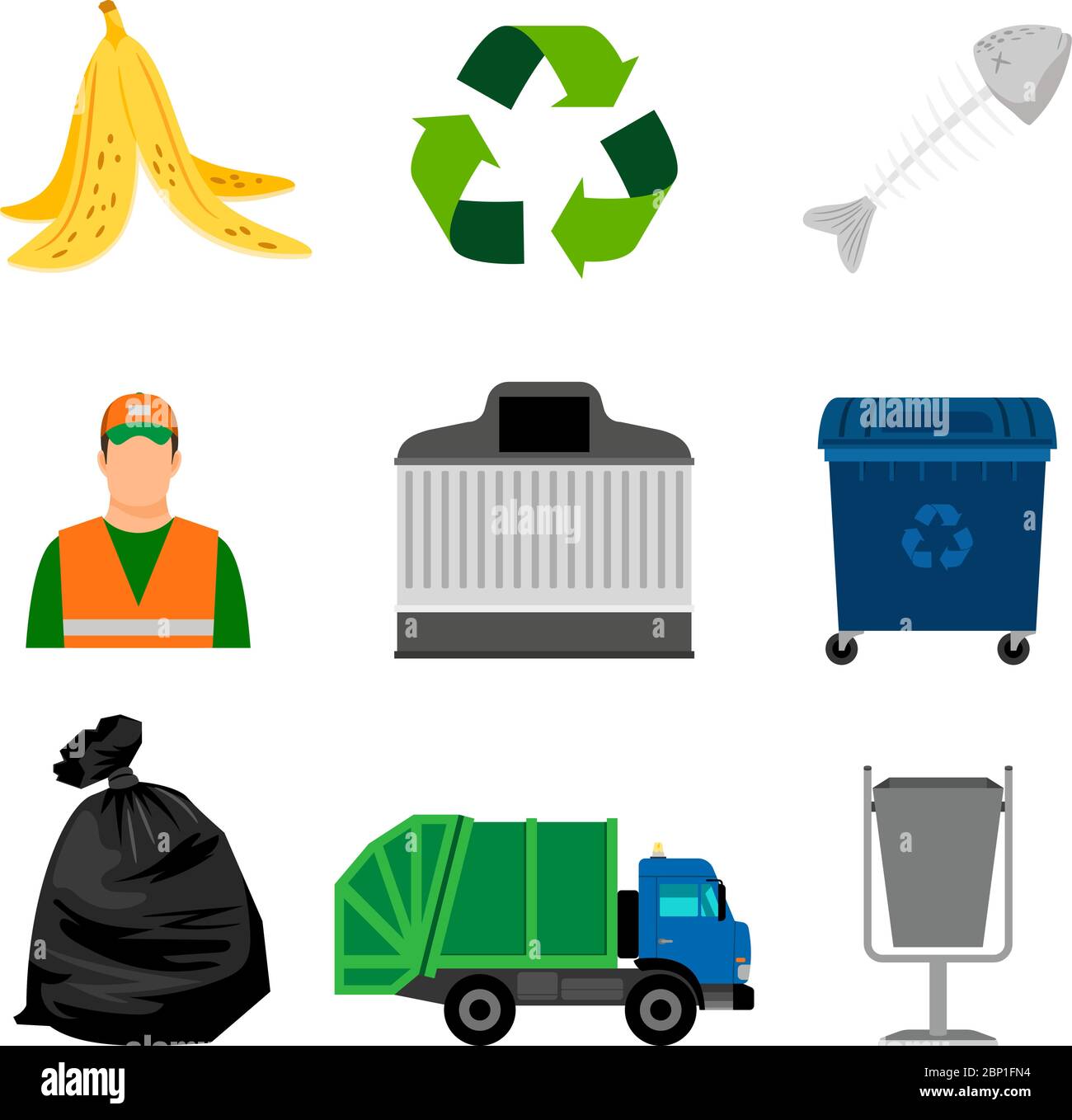 Garbage color icons. Dumpster and garbage truck, cleaner and garbage ...