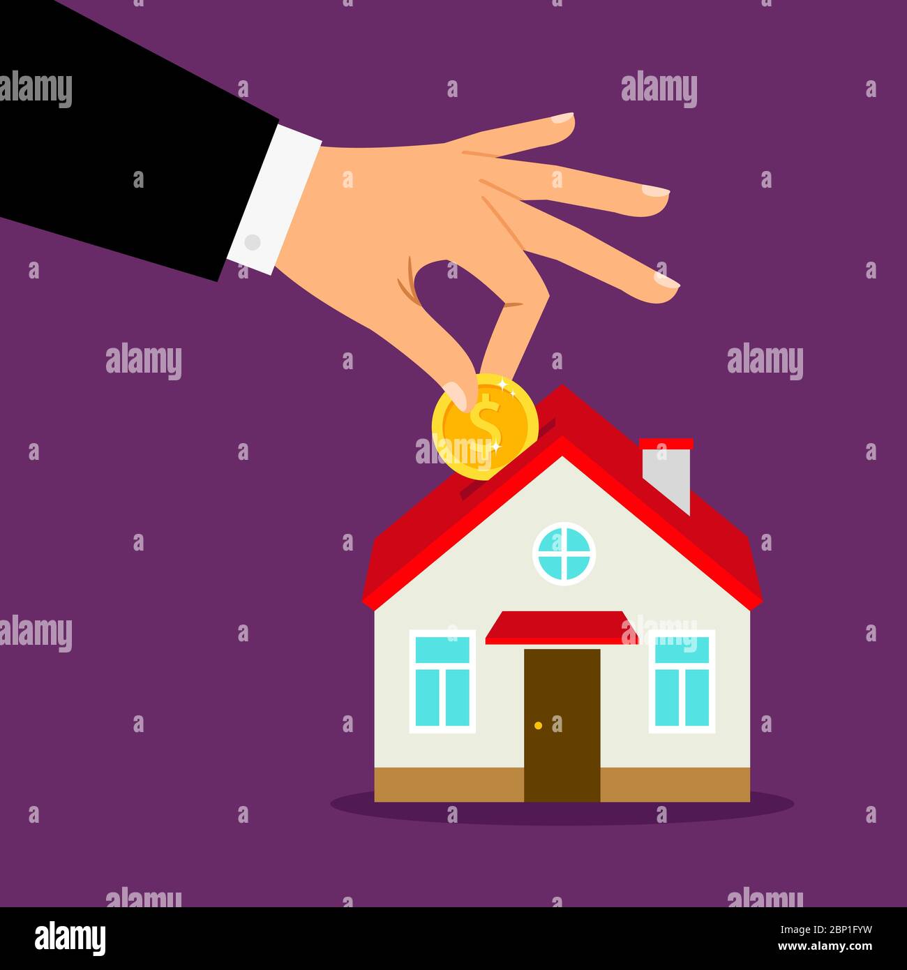 Piggy bank house concept. House bank savings, hand puts coin into home ...