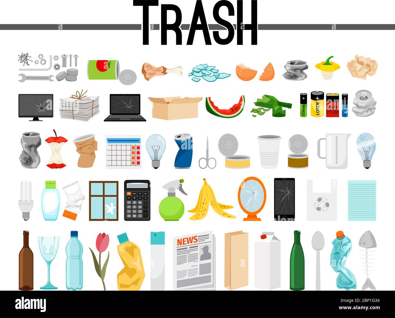 Big collection of trash and garbage, vector illustration Stock Vector ...