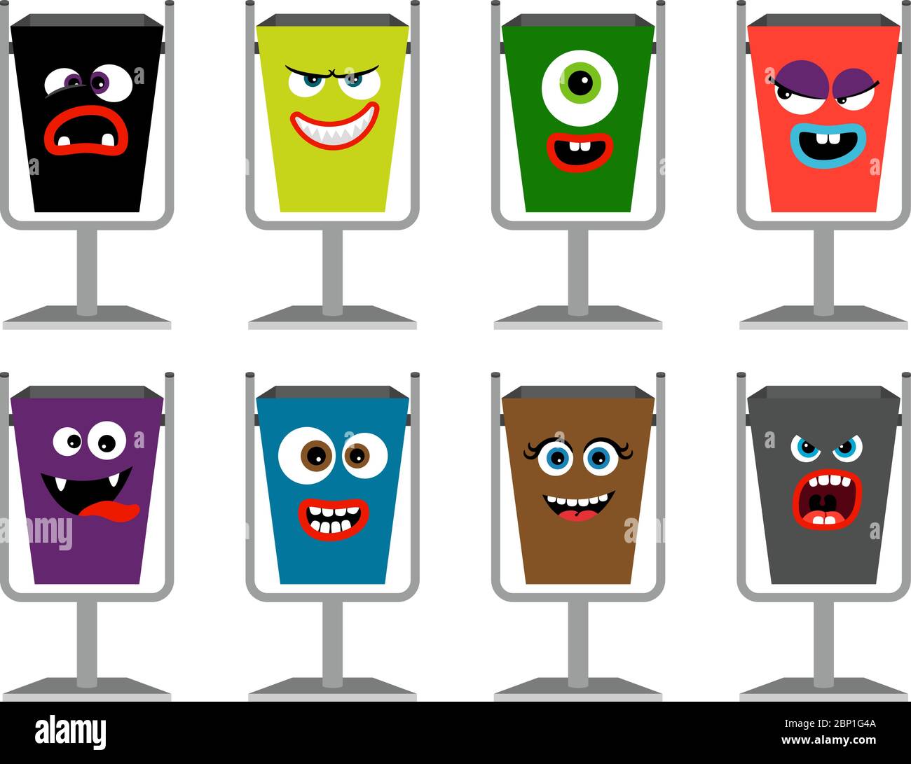 Garbage cans with faces vector illustration. Waste dustbin set with ...