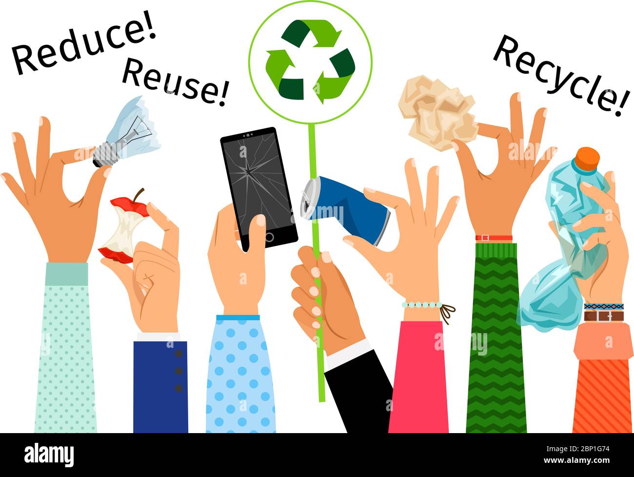 Raised hands with trash and recycle sign, vector illustration Stock ...