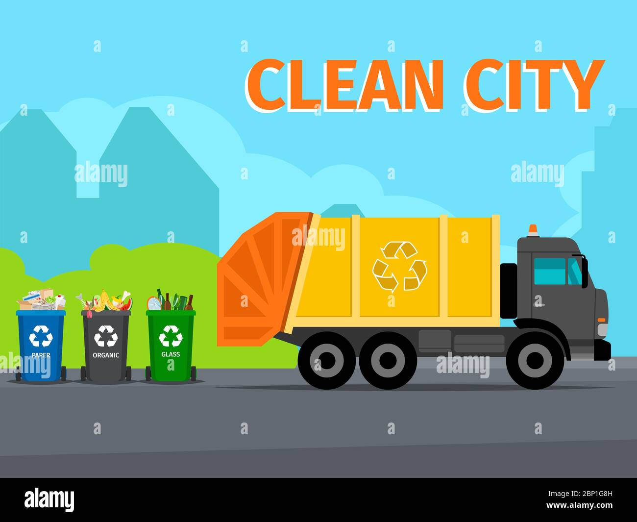 City waste recycling concept with garbage truck, vector illustration ...
