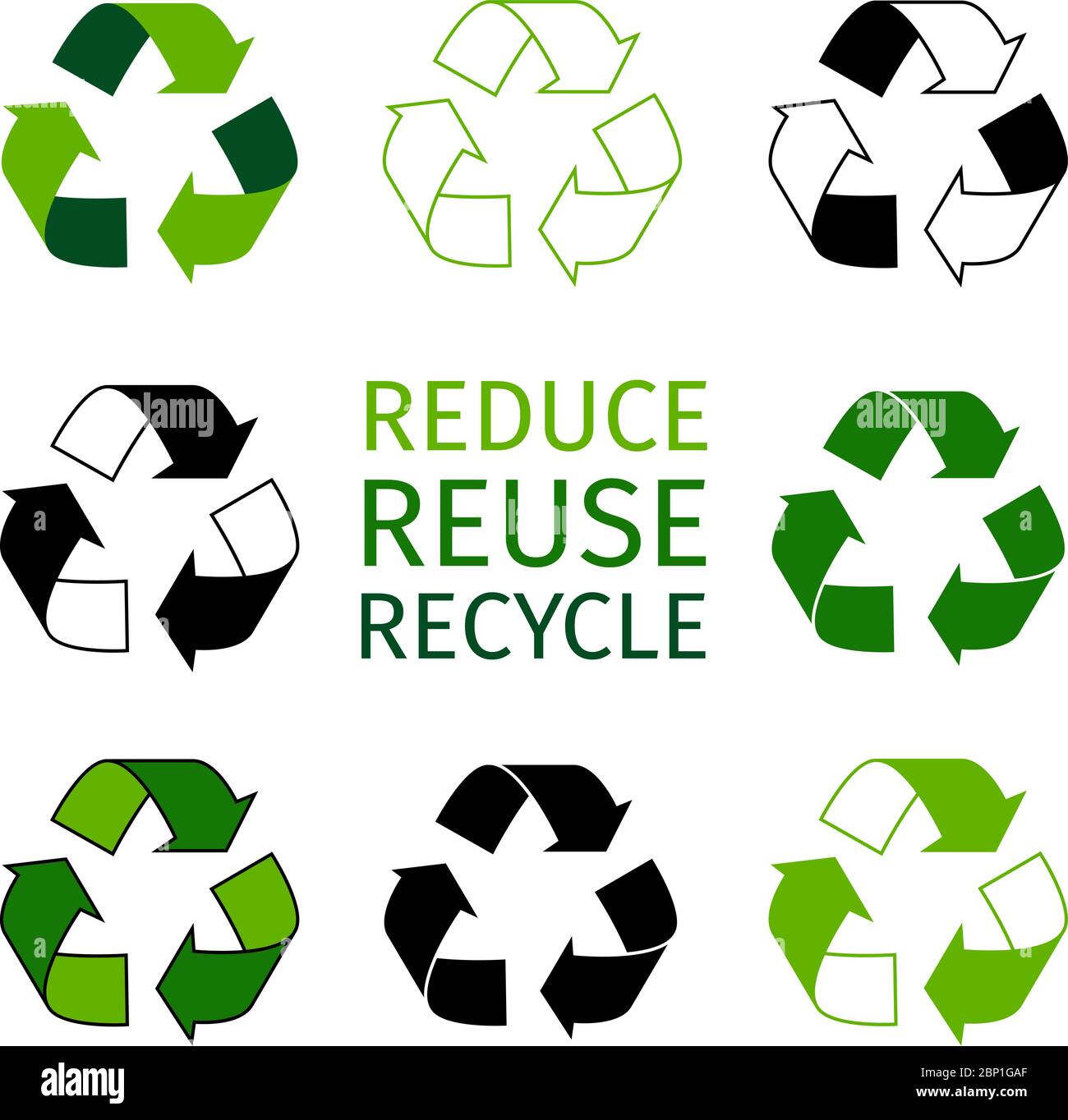 Reduce reuse recycle logotype set. Green arrows recycle eco symbols. Recycled materials vector ...