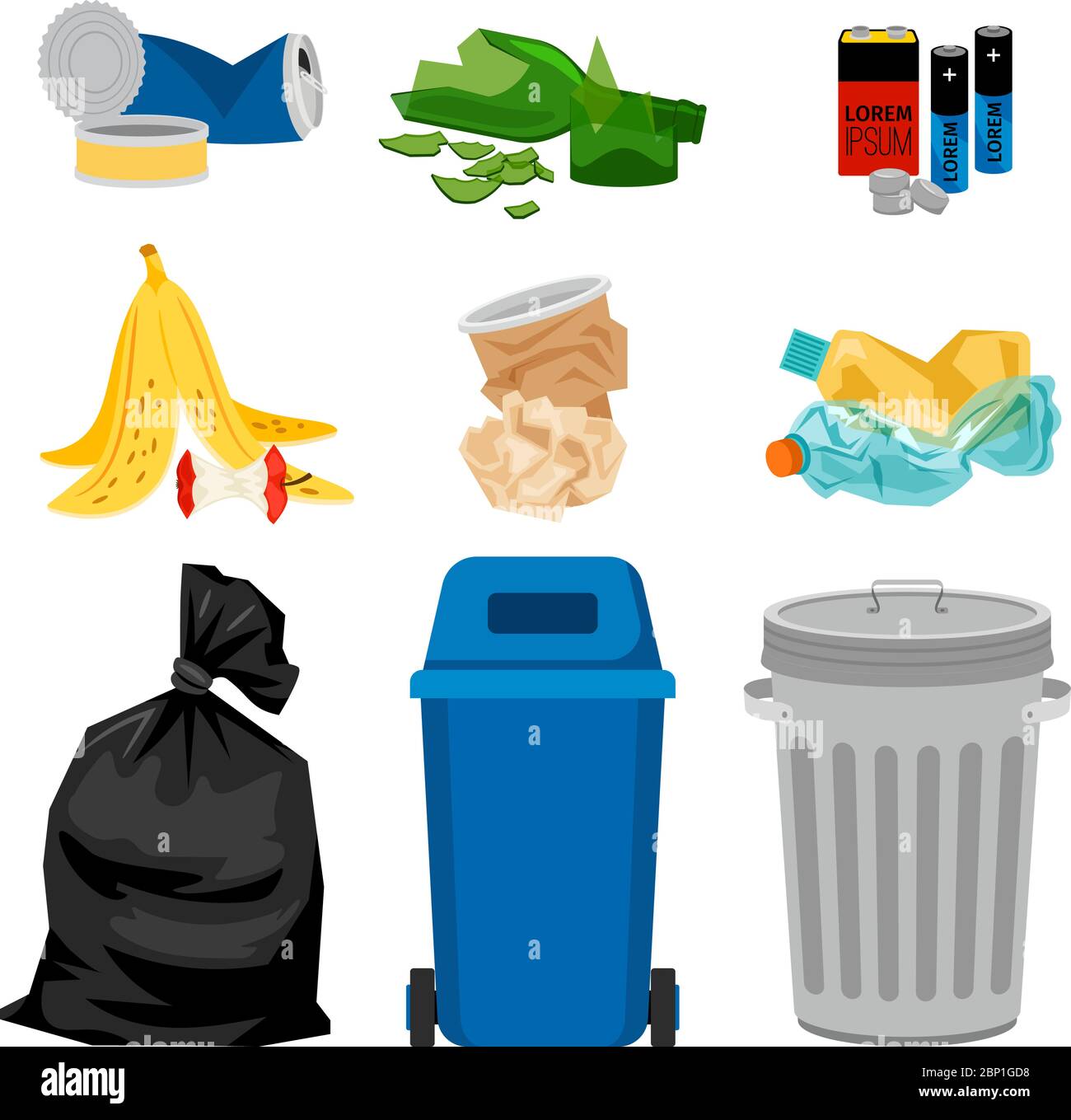 Trash set with garbage bins. Waste separation vector illustration Stock ...