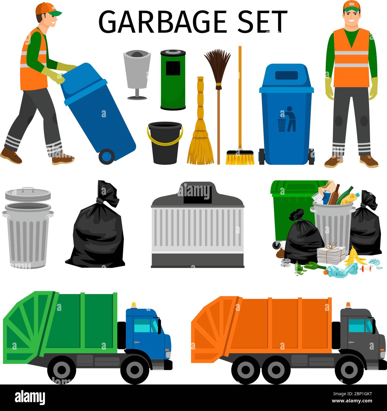 Garbage trucks, trash can and sweeper, colorful garbage collecting ...