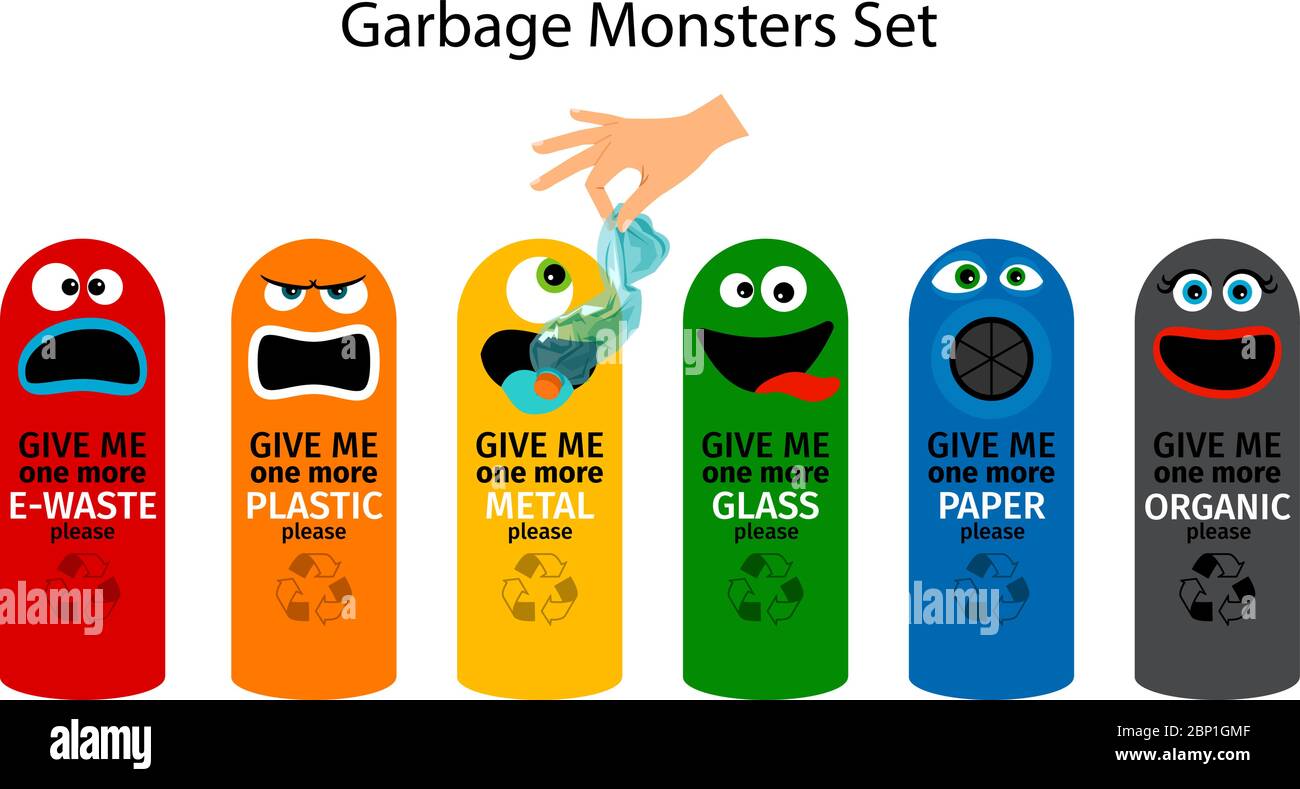 Garbage cans for kids with cartoon monster faces, vector illustration ...