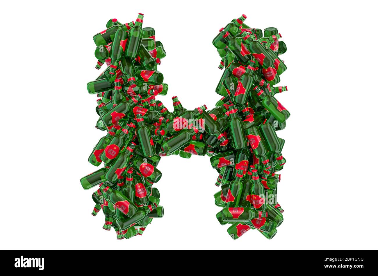Letter H from green glass beer bottles, 3D rendering isolated on white ...