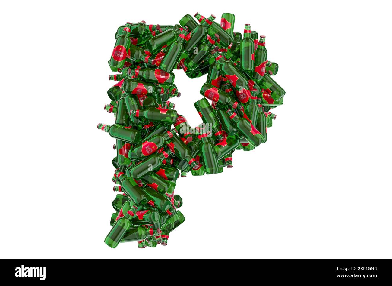 Letter P from green glass beer bottles, 3D rendering isolated on white ...