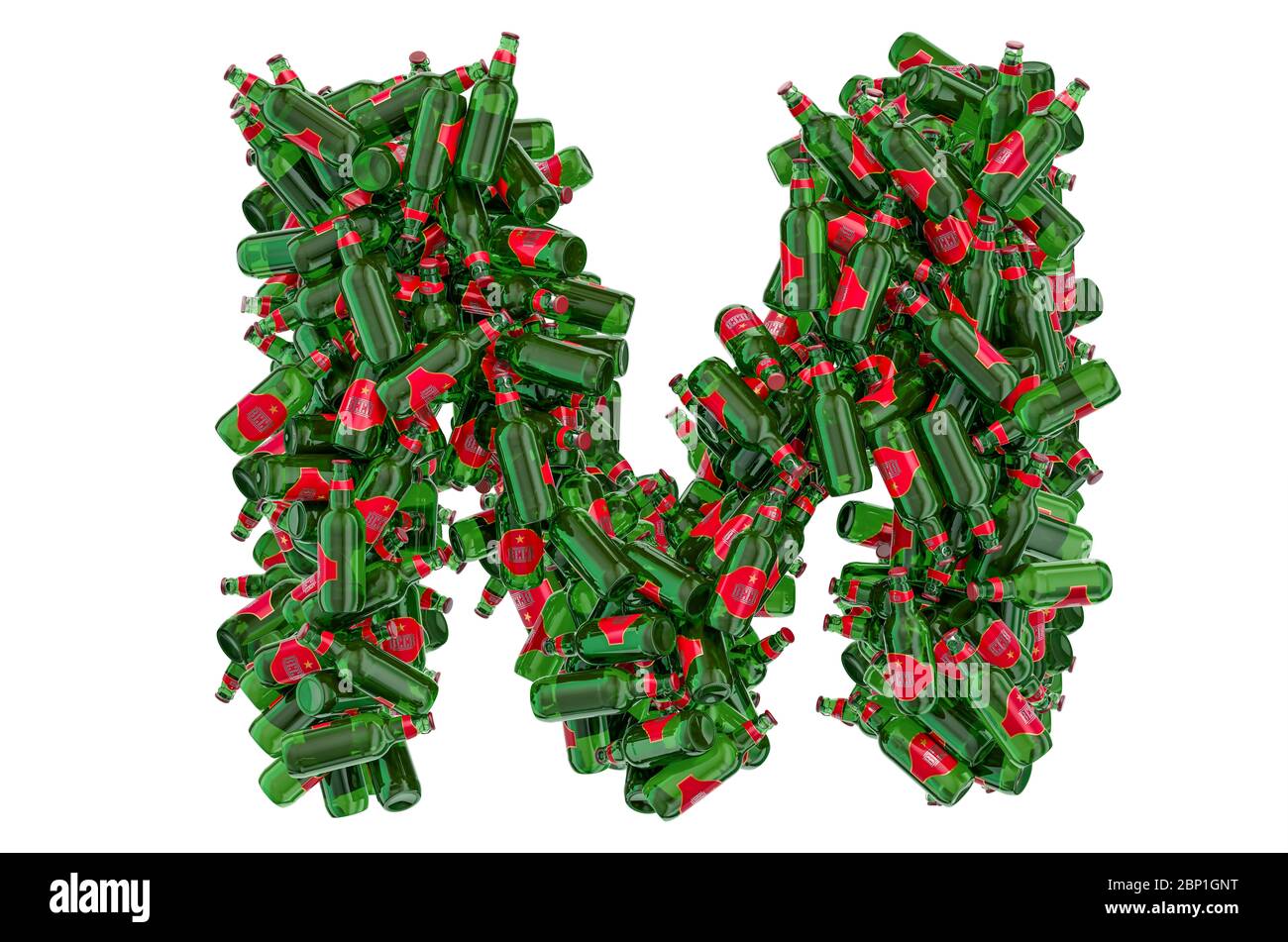 Letter M from green glass beer bottles, 3D rendering isolated on white ...