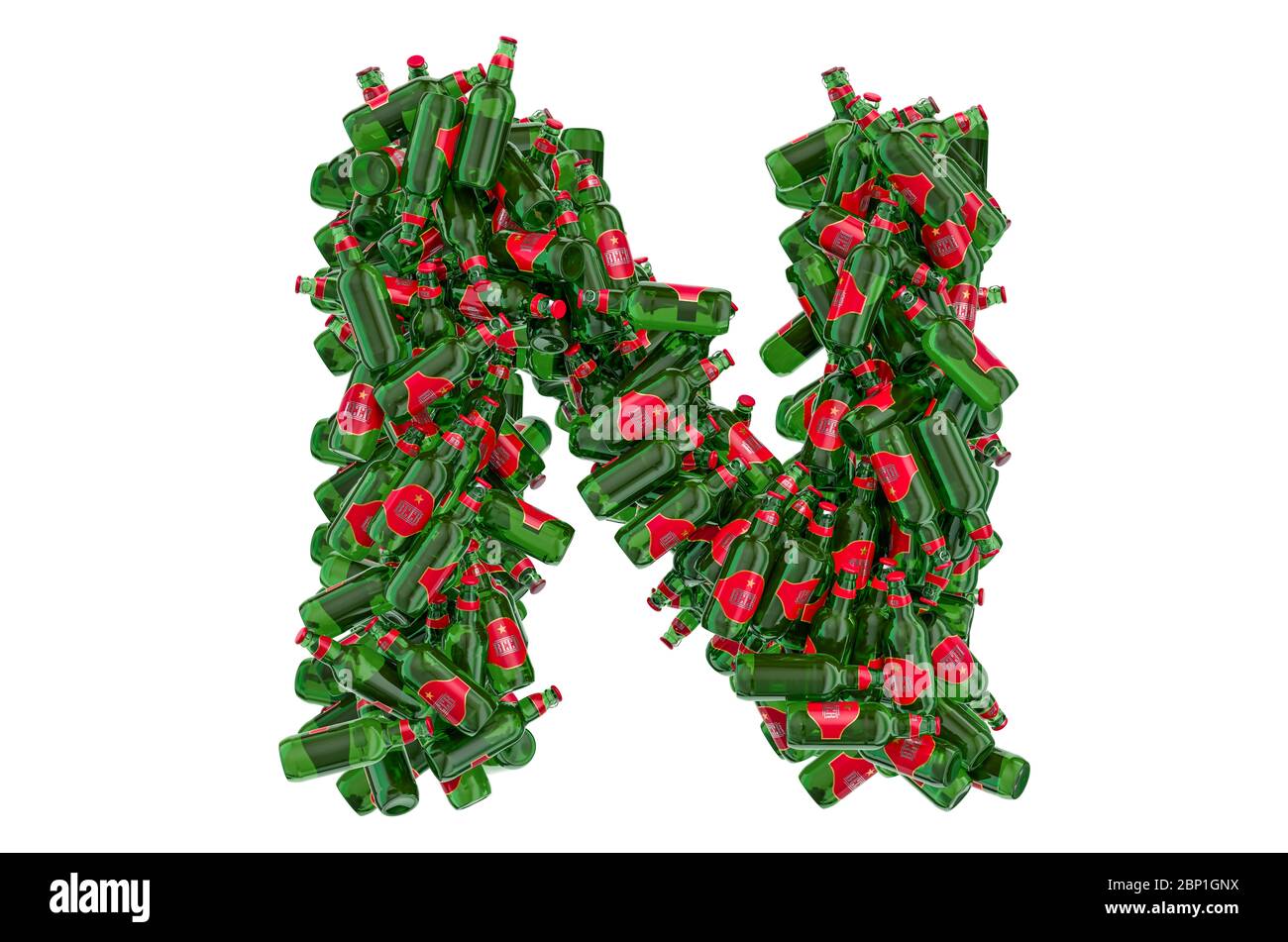Letter N from green glass beer bottles, 3D rendering isolated on white ...