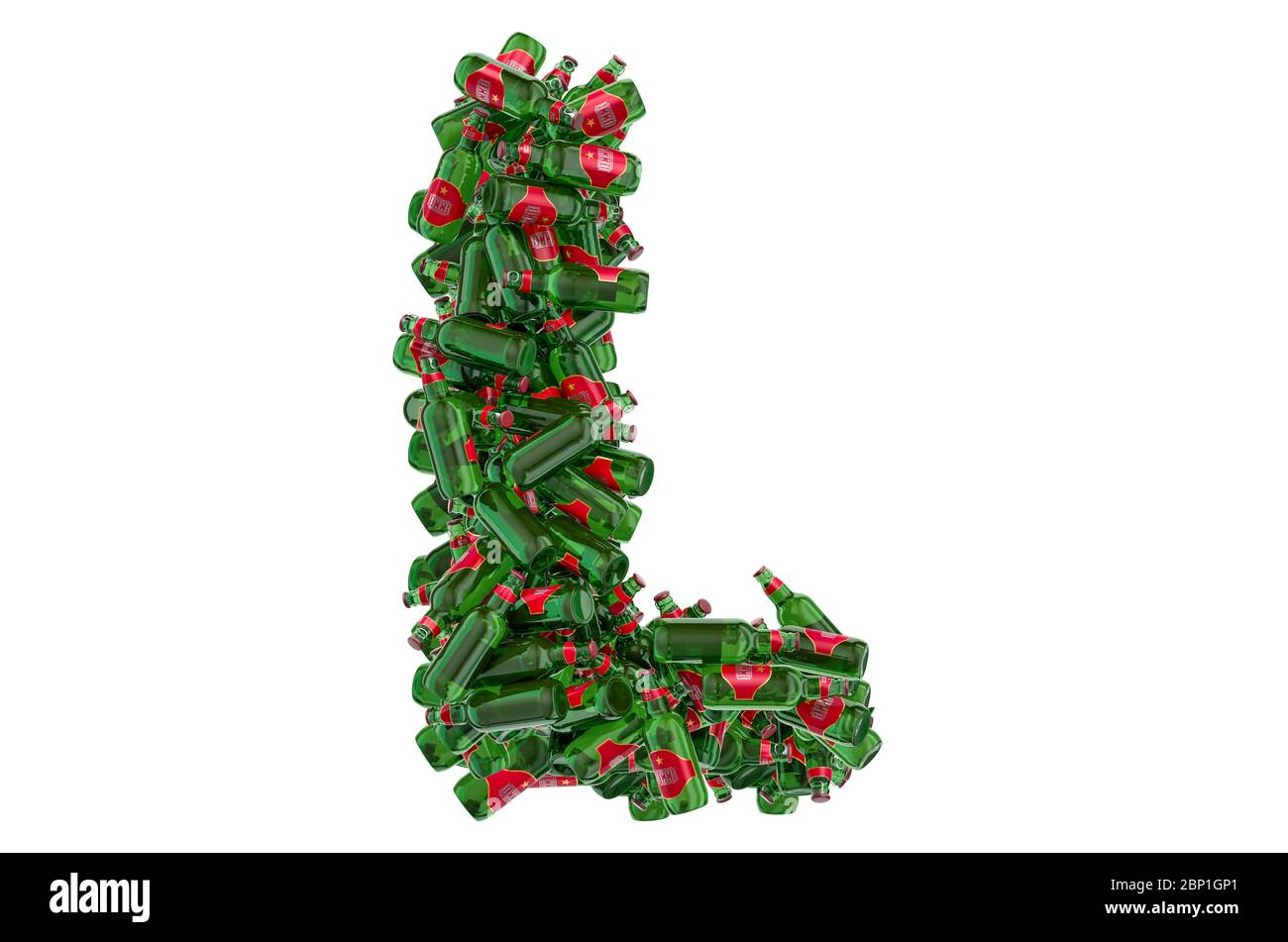 Letter L from green glass beer bottles, 3D rendering isolated on white ...