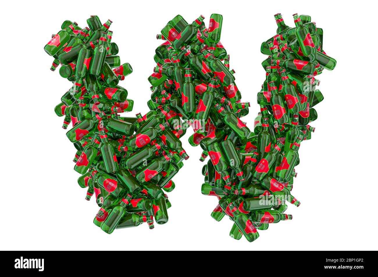Letter W from green glass beer bottles, 3D rendering isolated on white ...