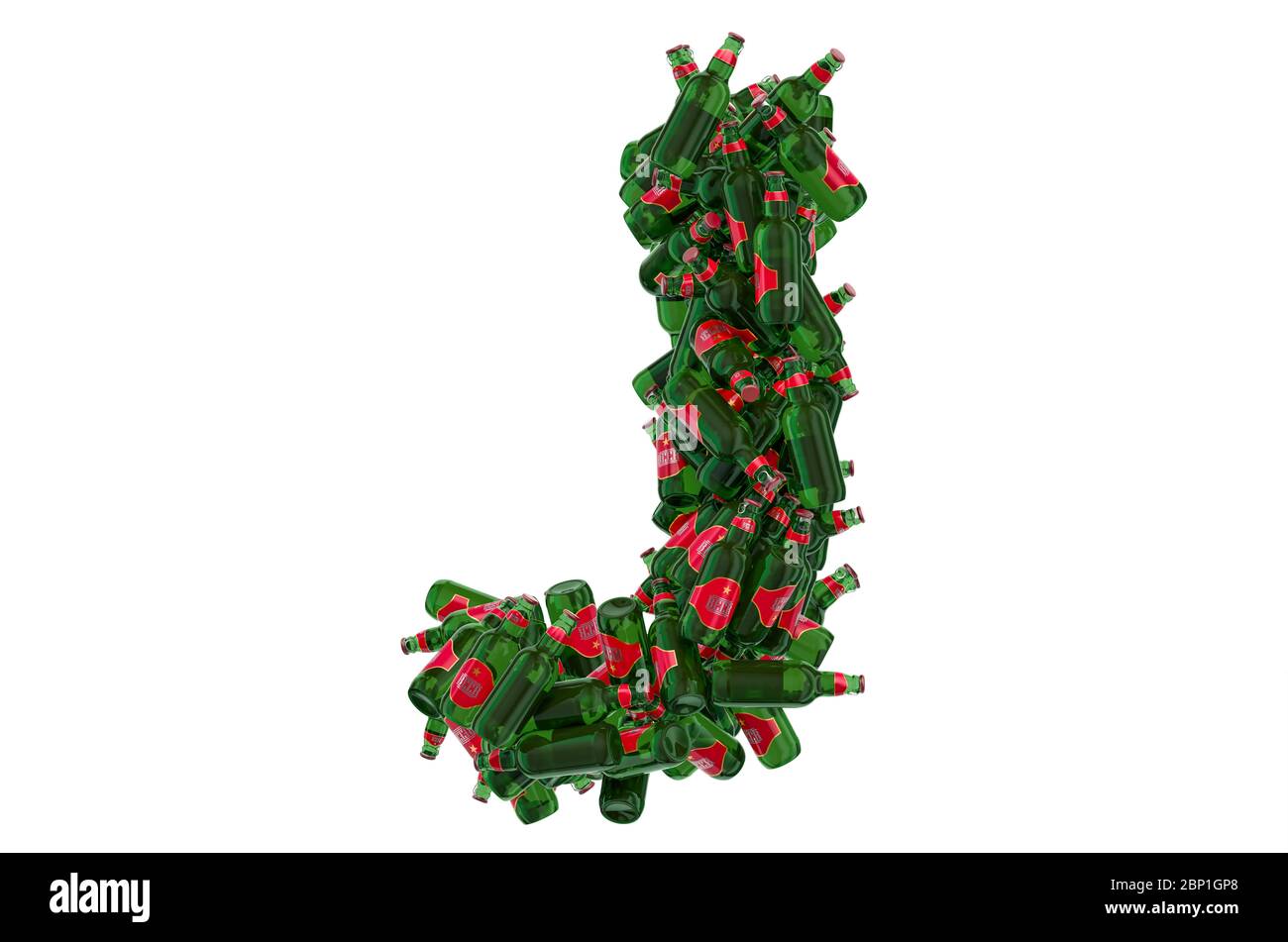 Letter J from green glass beer bottles, 3D rendering isolated on white ...
