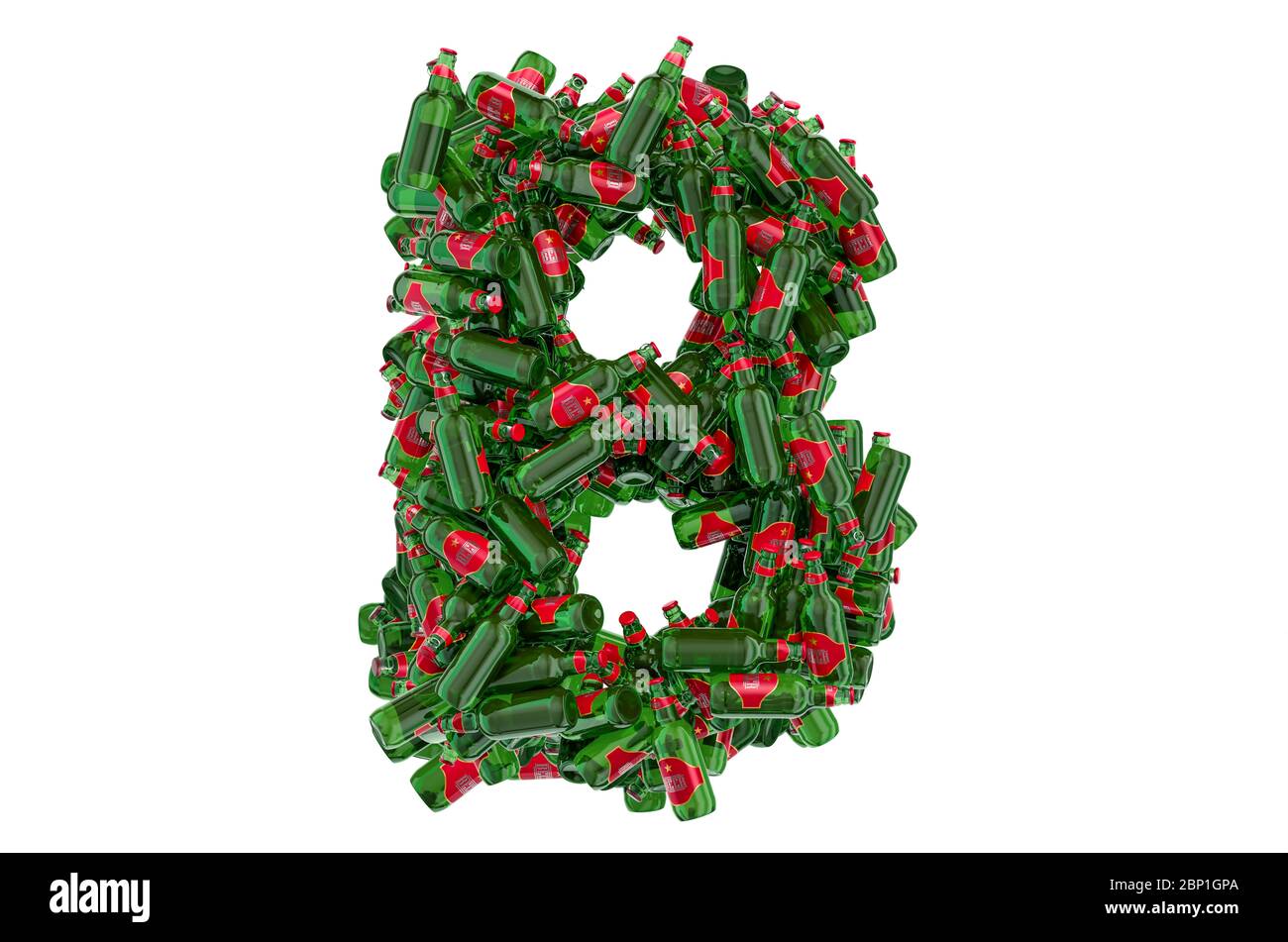 Letter B from green glass beer bottles, 3D rendering isolated on white ...