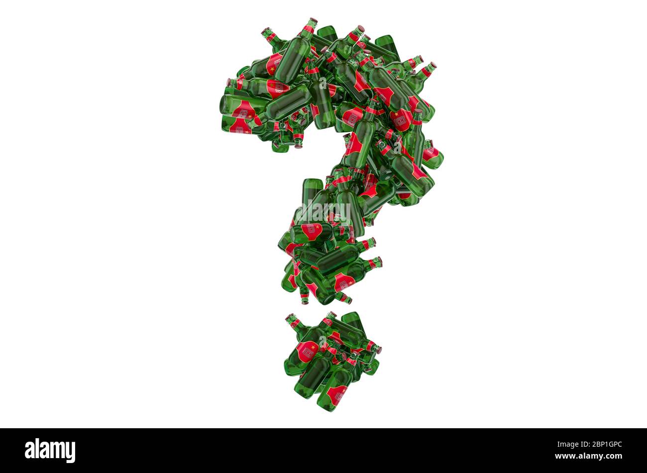 Question mark from glass beer bottles, 3D rendering isolated on white ...