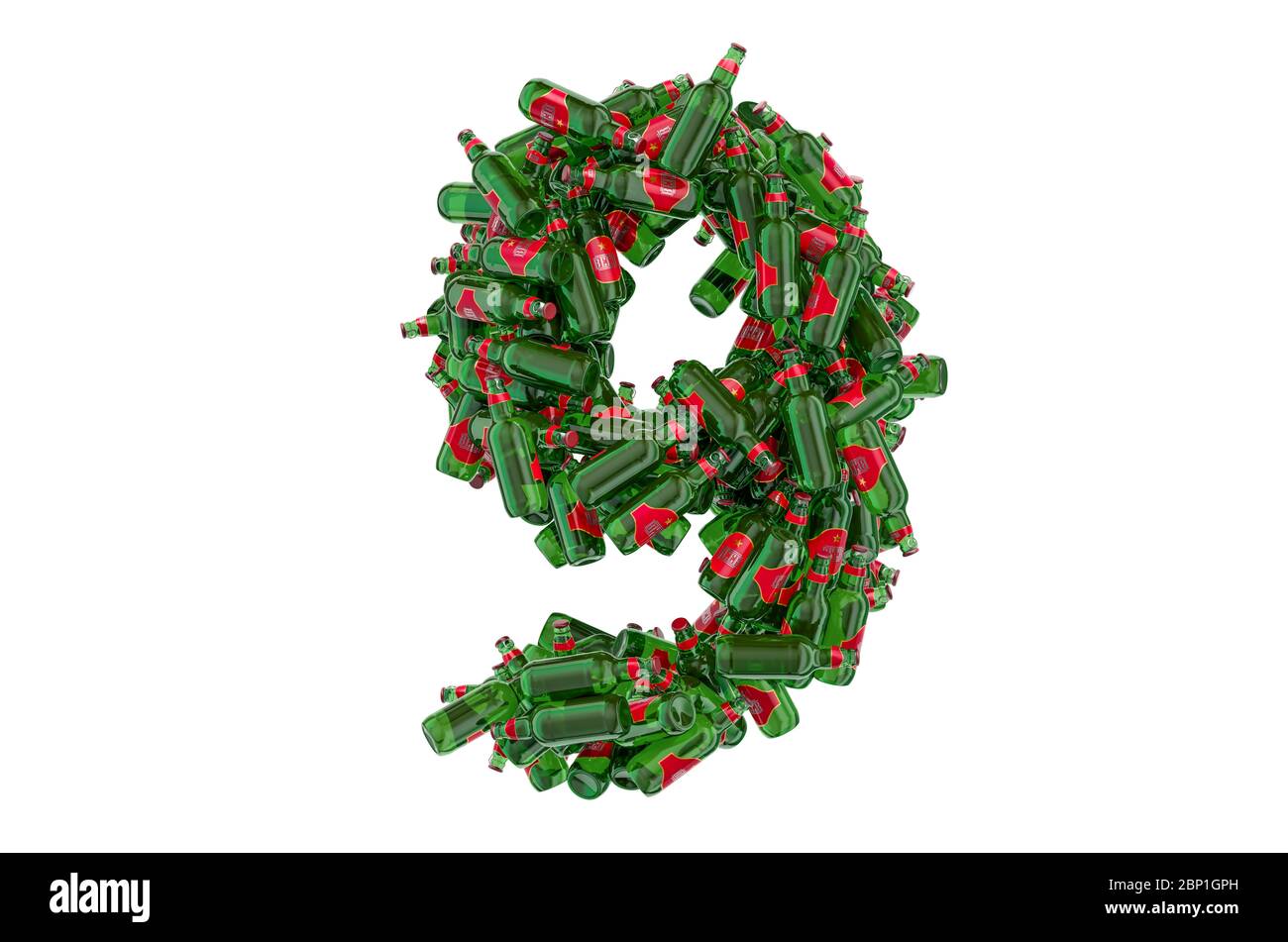 Number 9 from green glass beer bottles, 3D rendering isolated on white ...