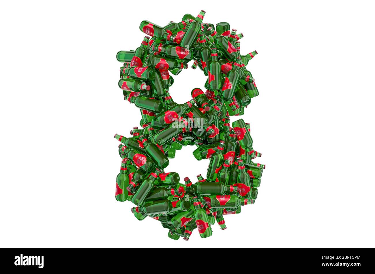 Number 8 from green glass beer bottles, 3D rendering isolated on white ...