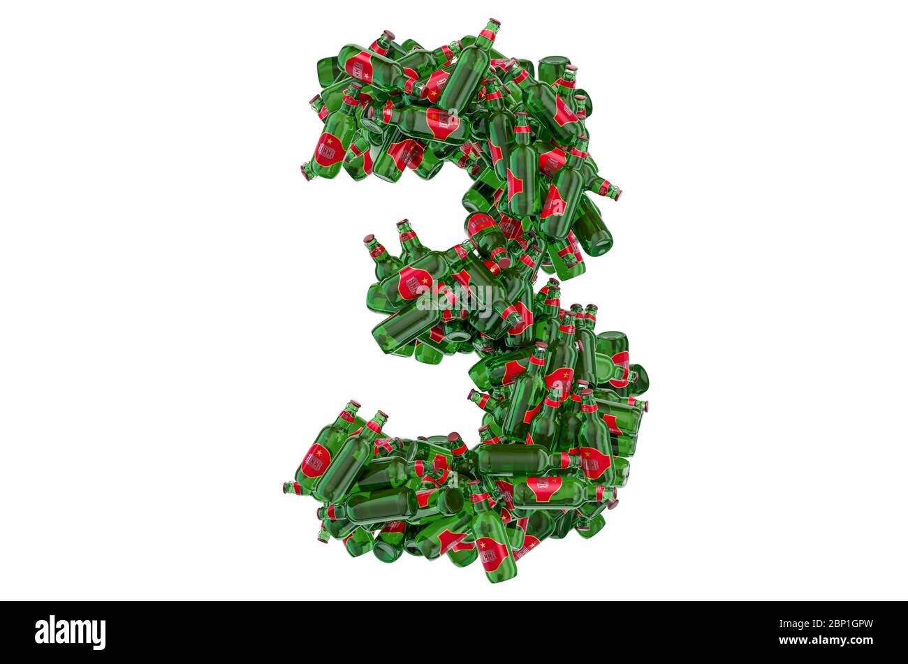 Number 3 from green glass beer bottles, 3D rendering isolated on white ...