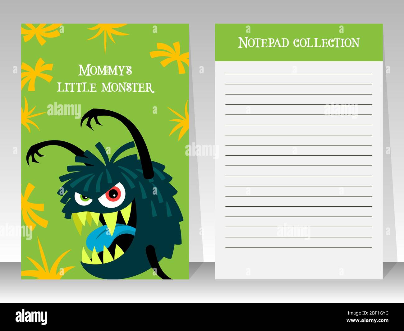 Cute green notebook template for kids with monster, vector illustration ...