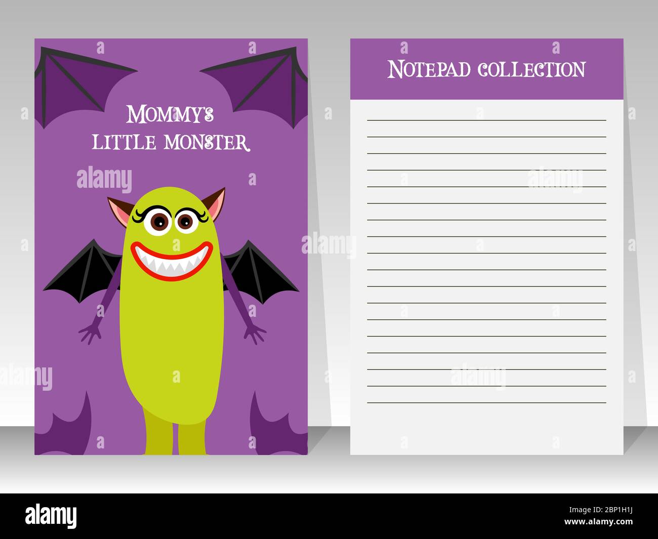 Cute violet notebook template for kids funny monster, vector ...