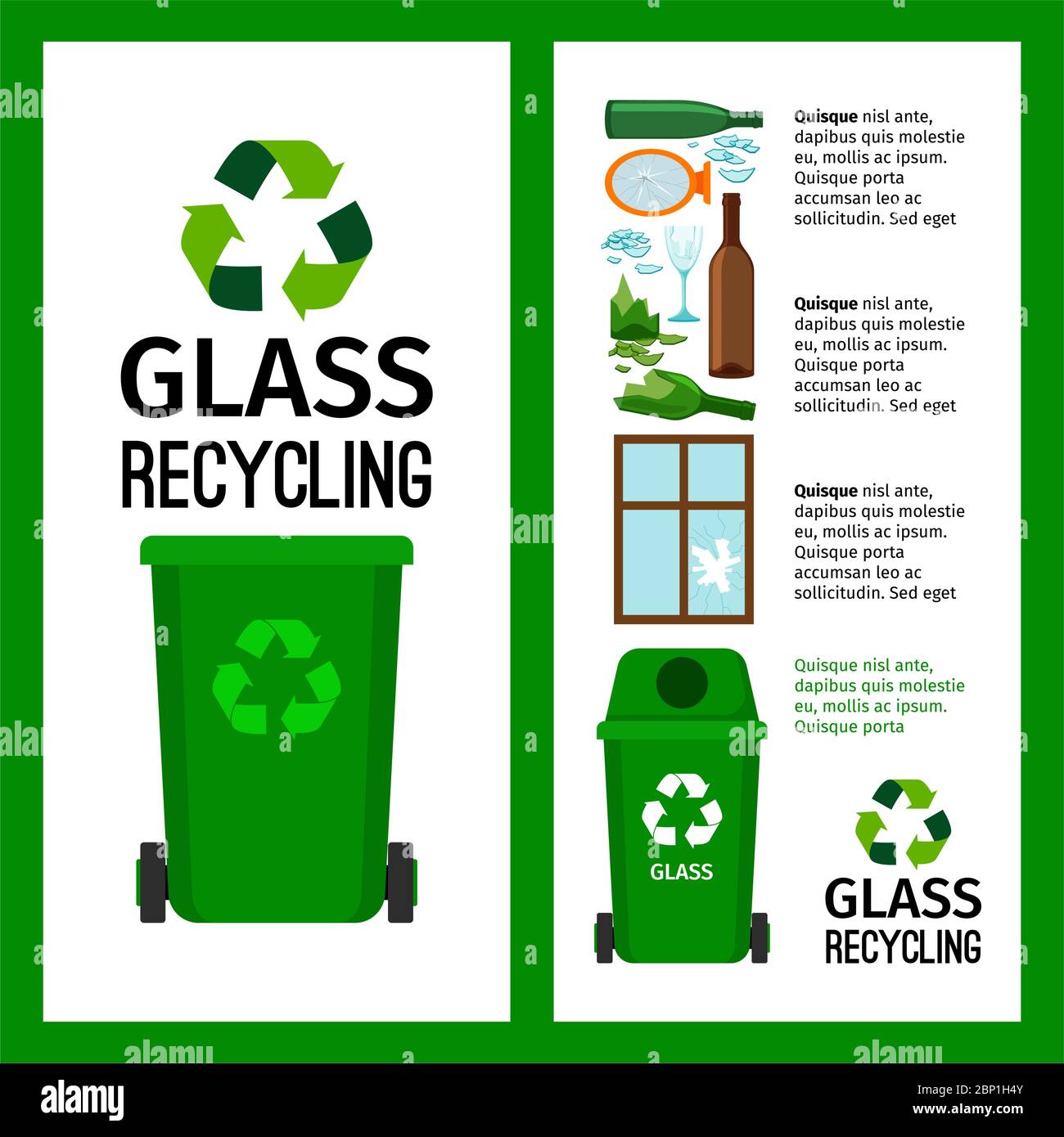Garbage green container info with glass trash elements, vector ...