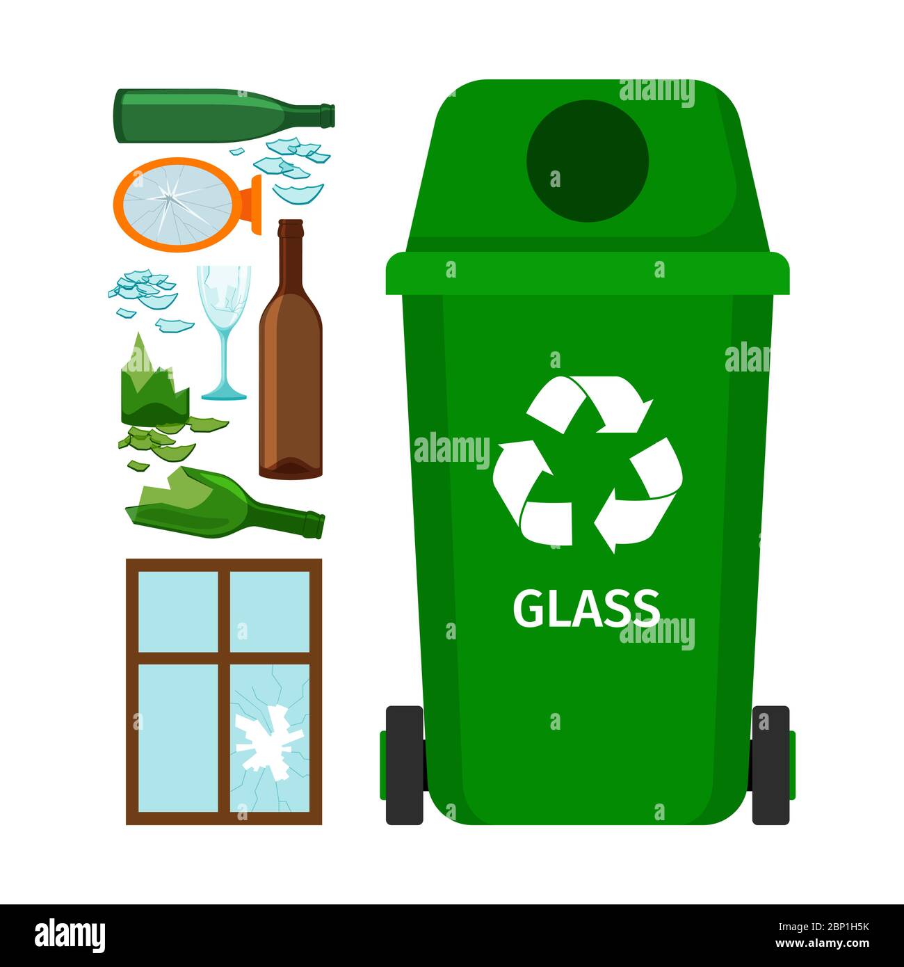 Green garbage can with glass garbage elements, vector illustration ...