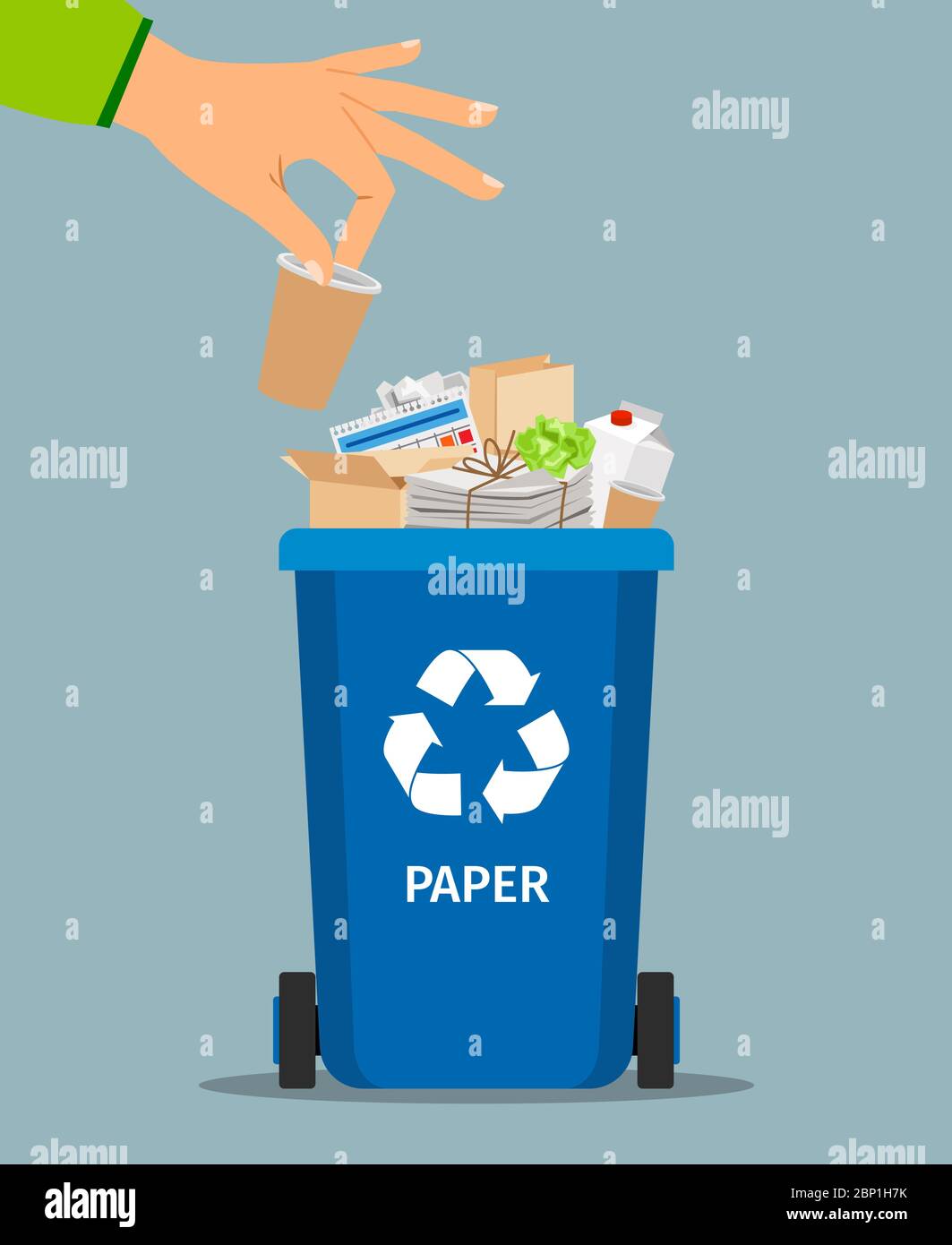 Woman hand throws garbage into a paper container, vector illustration ...