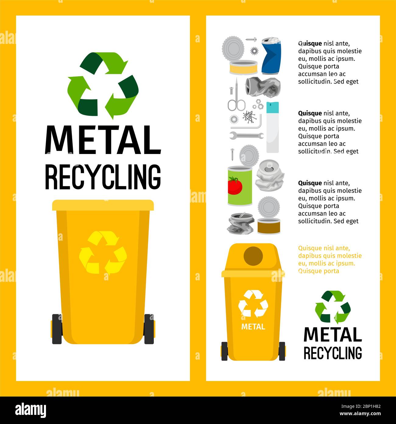Garbage yellow container info with metal trash elements, vector ...