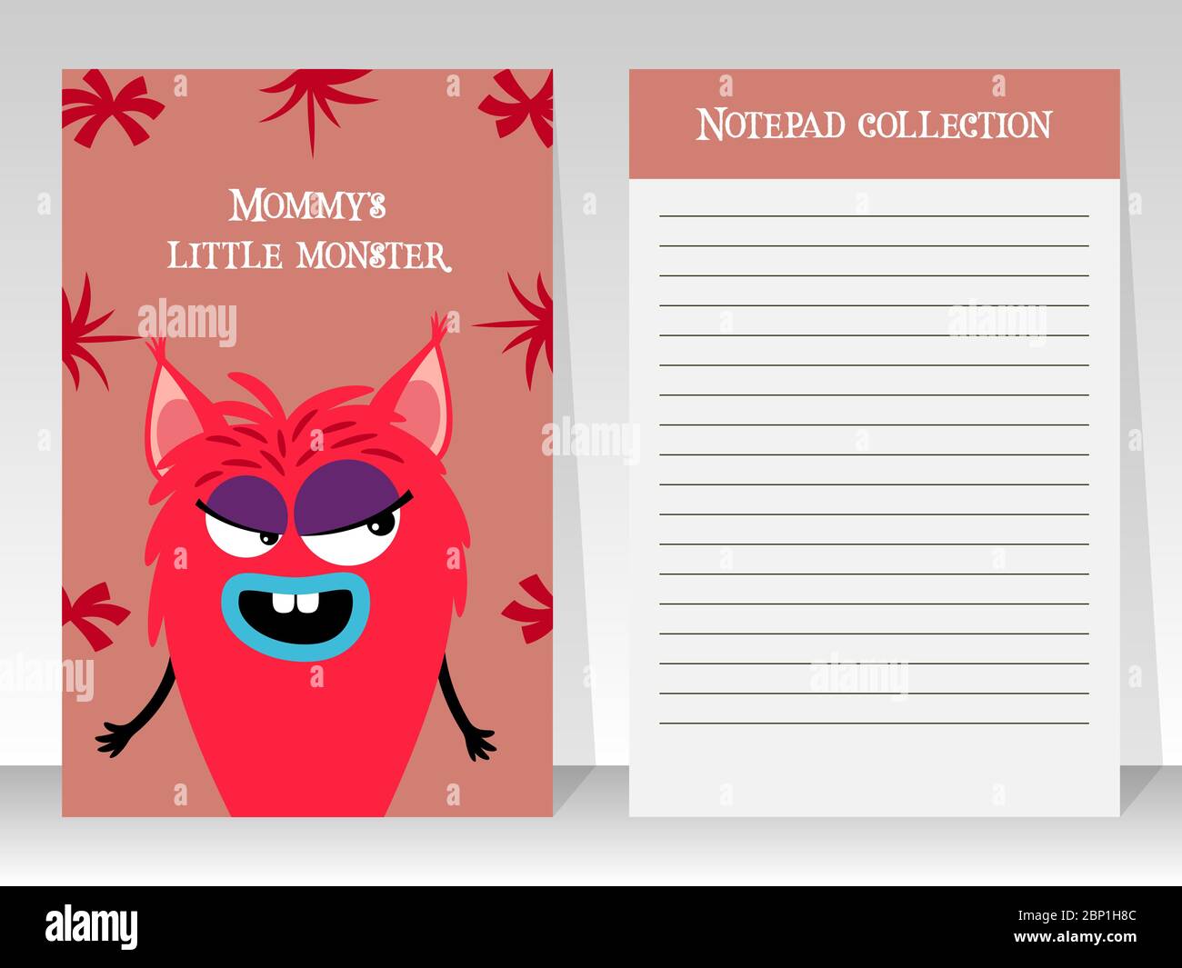 Cute pink notebook template for kids with girl red monster, vector ...