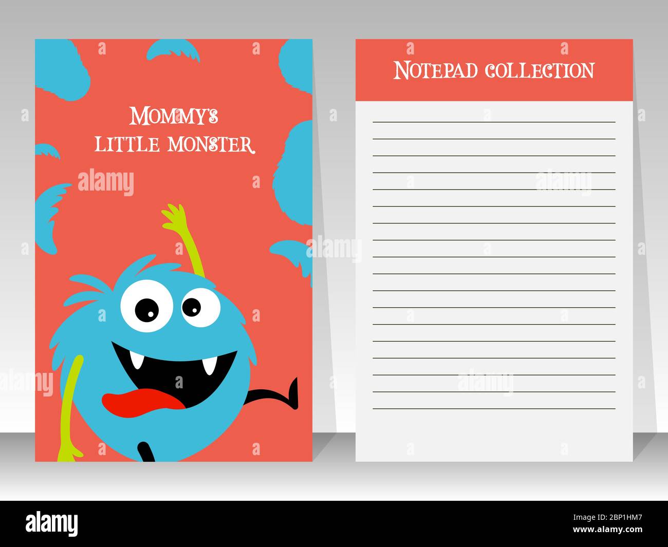Cute pink note book template for kids with blue monster, vector ...