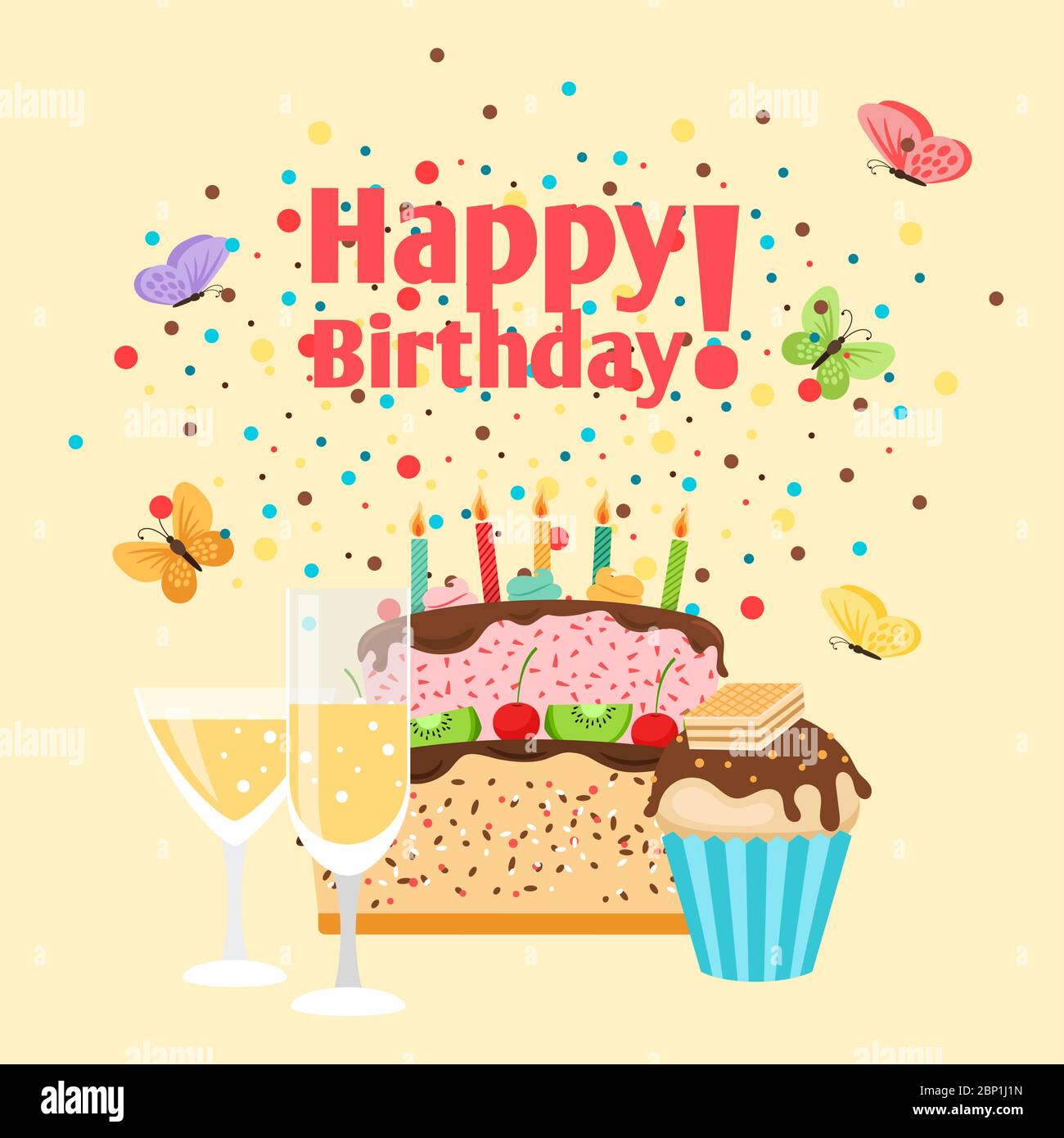 Happy birthday card with muffin, cake and a glass of champagne, vector ...