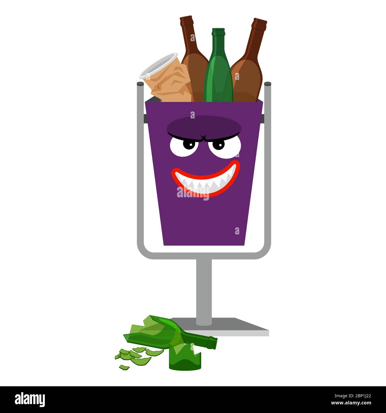 Garbage monster face can for children with glass waste, vector ...