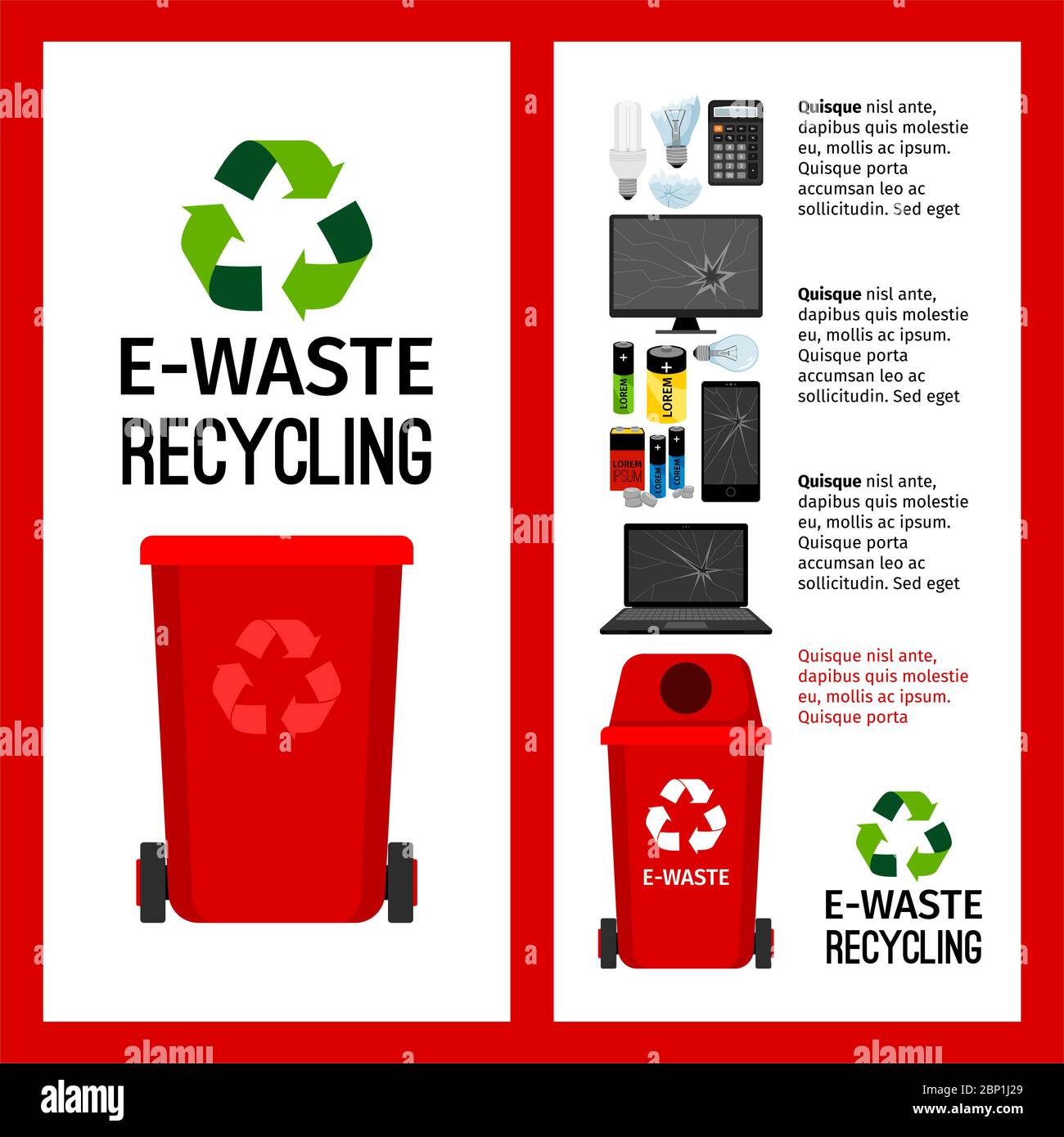 Garbage red container info with e-waste trash elements, vector ...