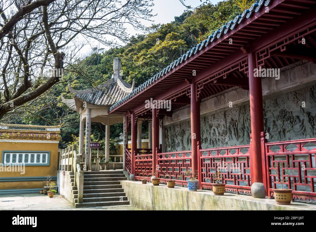 Building of Chinese buddhist temple in Mount Luojia, which lies in the ...