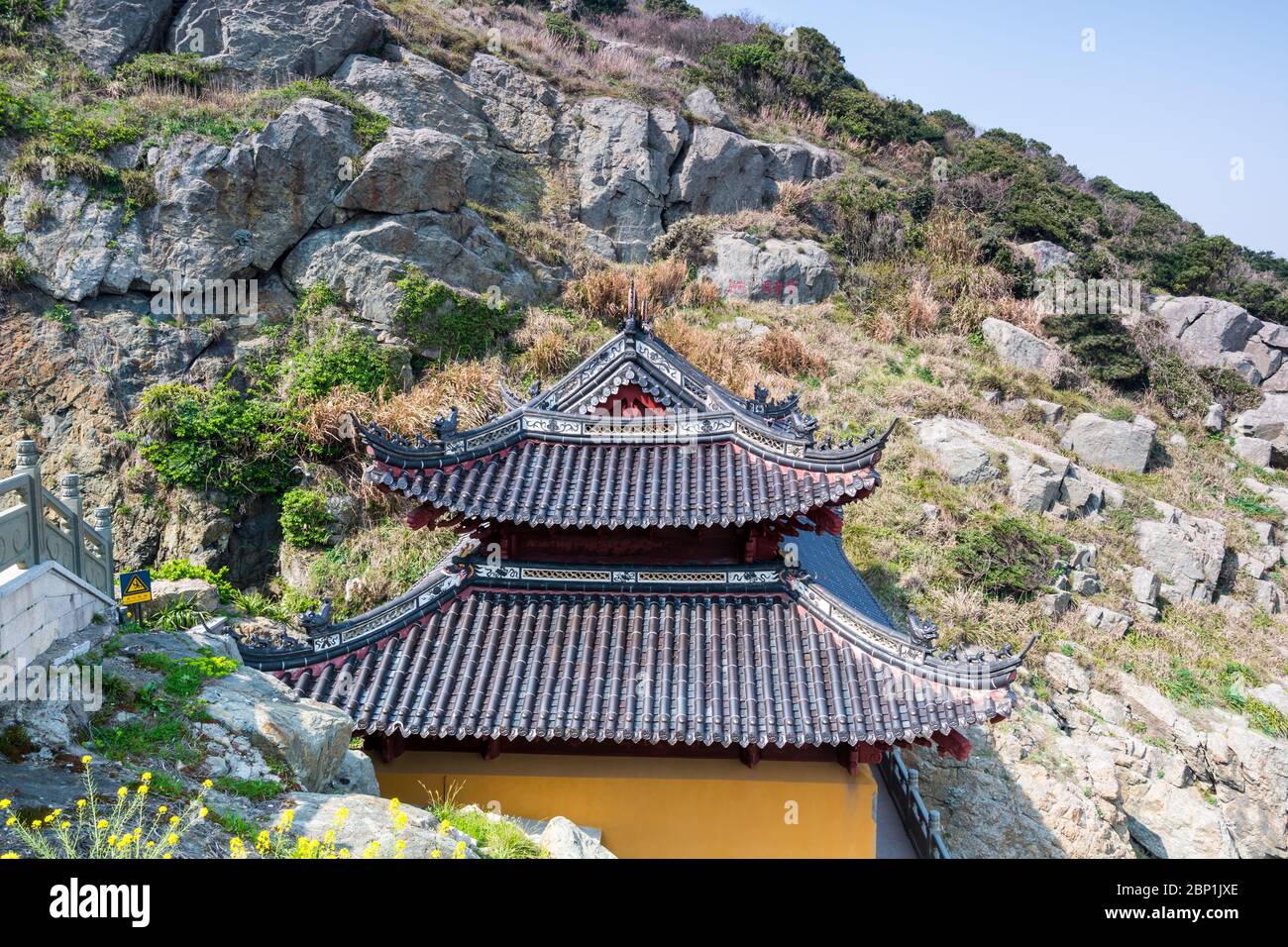 Building of Chinese buddhist temple in Mount Luojia, which lies in the ...