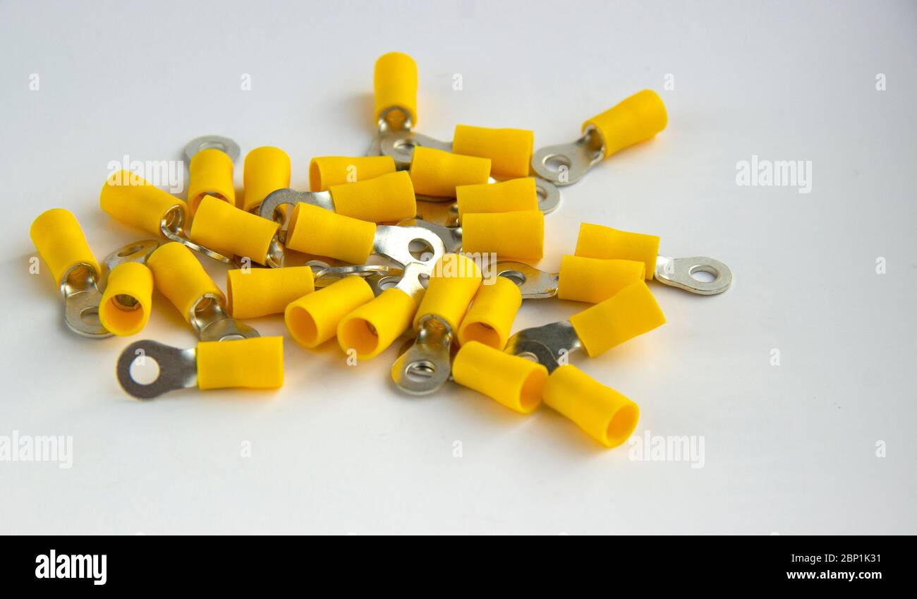 electrical crimp terminal connector. metal terminals isolated on white ...