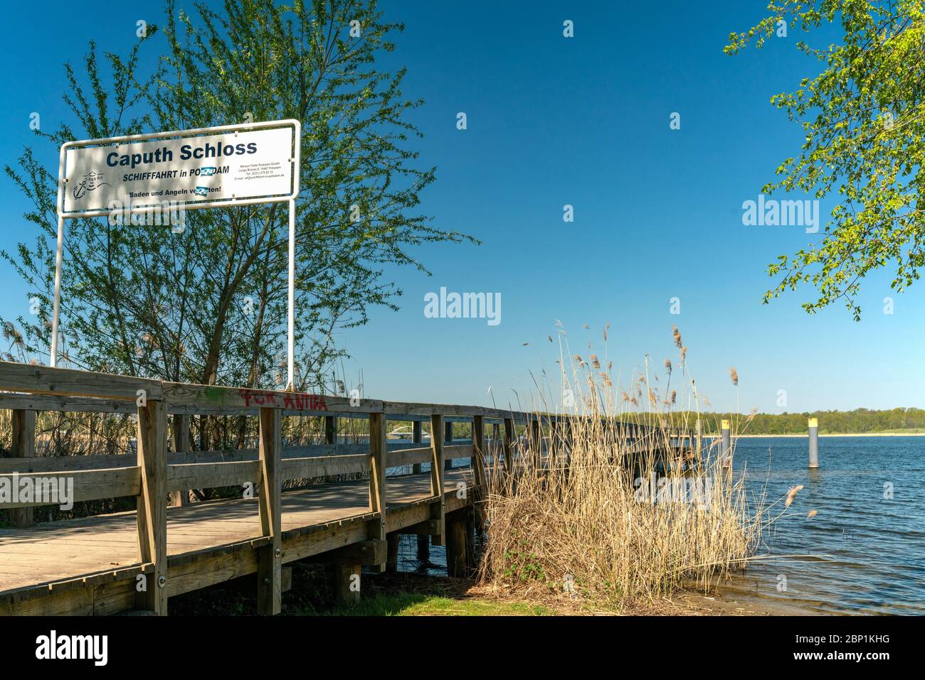 View at the Lake Templin with landing stage from the Caputh Palace park ...
