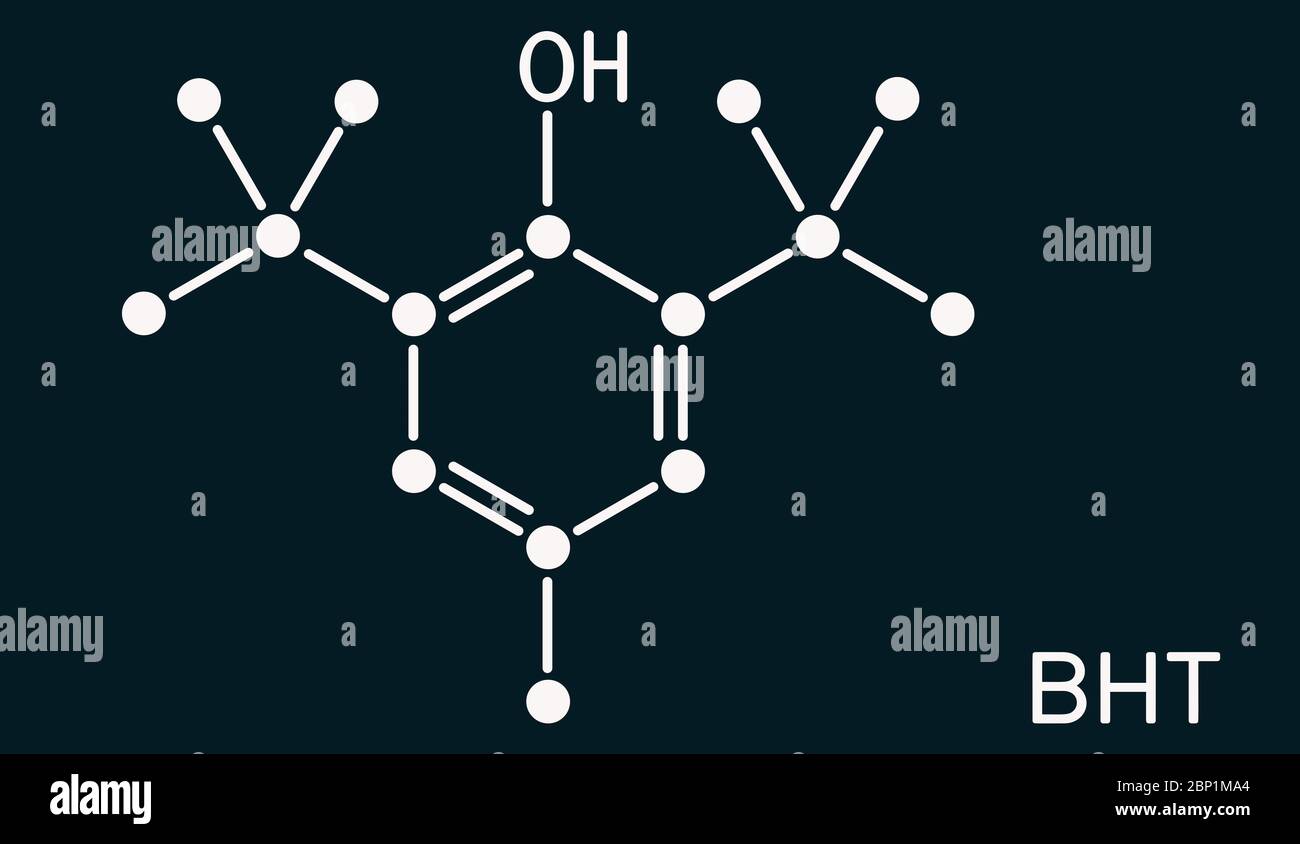 Butylated hydroxytoluene, BHT, dibutylhydroxytoluene molecule. It is ...