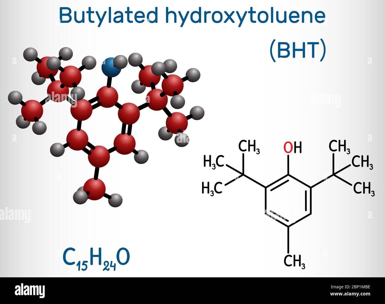 Butylated hydroxytoluene, BHT, dibutylhydroxytoluene molecule. It is lipophilic organic compound ...