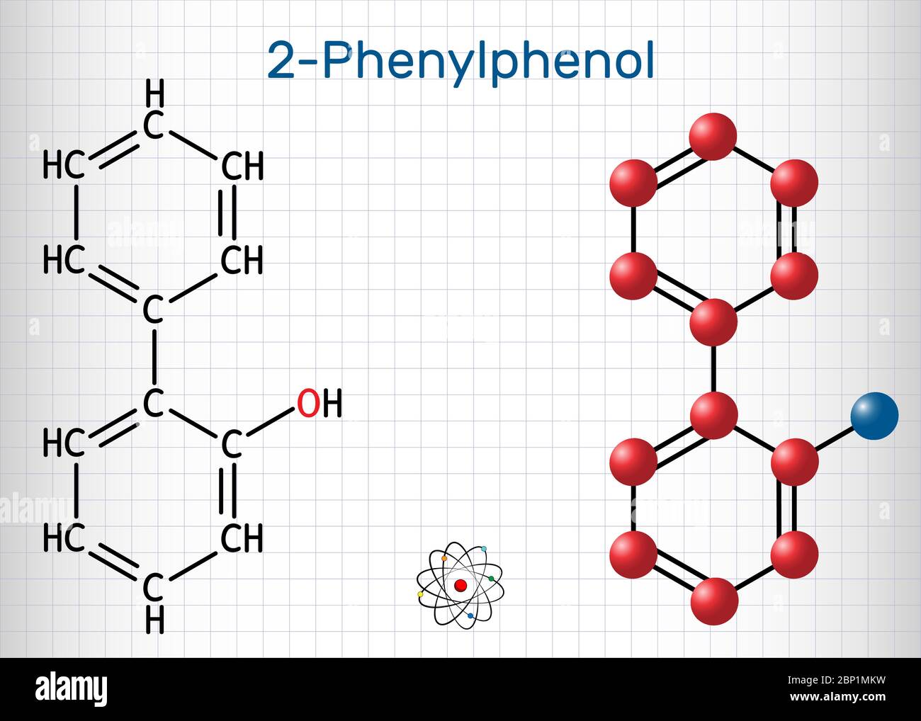 2-Phenylphenol, biphenylol, orthophenyl, C12H10O molecule. It is an ...