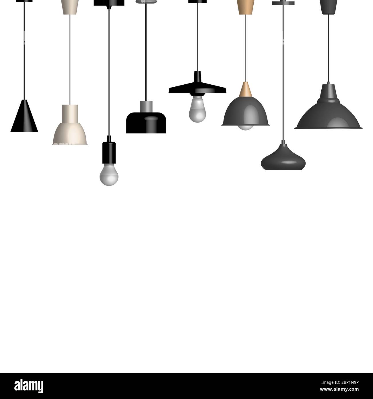 Set of various lamps and fixtures isolated on a white background. Front ...