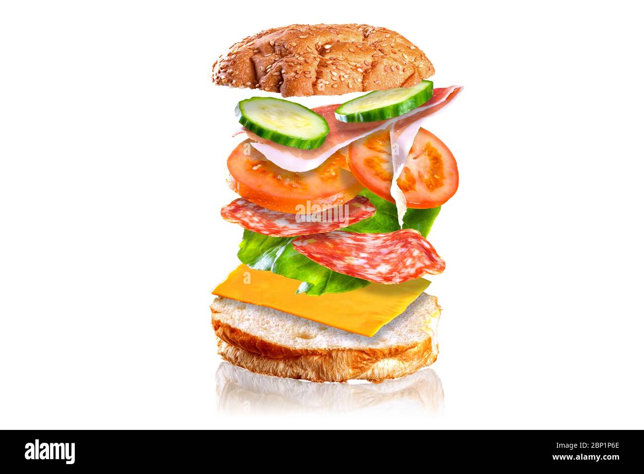 Flying tasty sandwich. Sandwich with flying ingredients isolated on ...