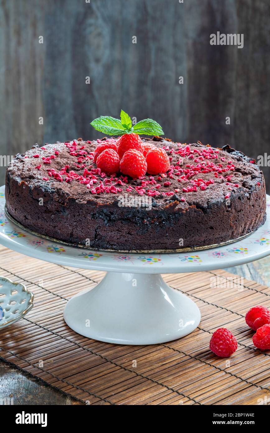 Chocolate and raspberry torte garnished with fresh fruit and mint Stock ...