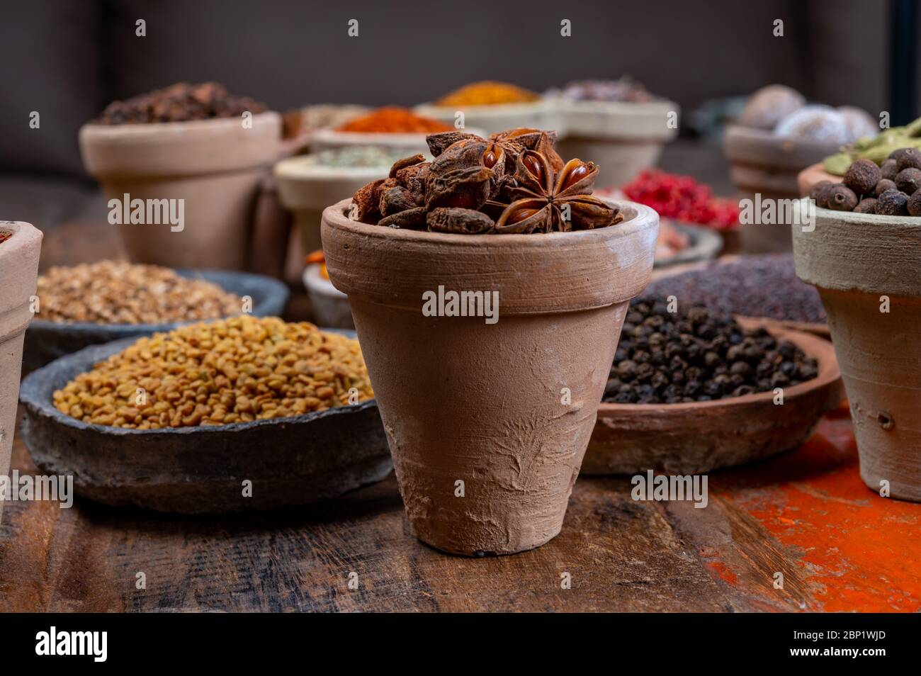 Indian spices collection, dried colorful condiment, nuts, pods and ...