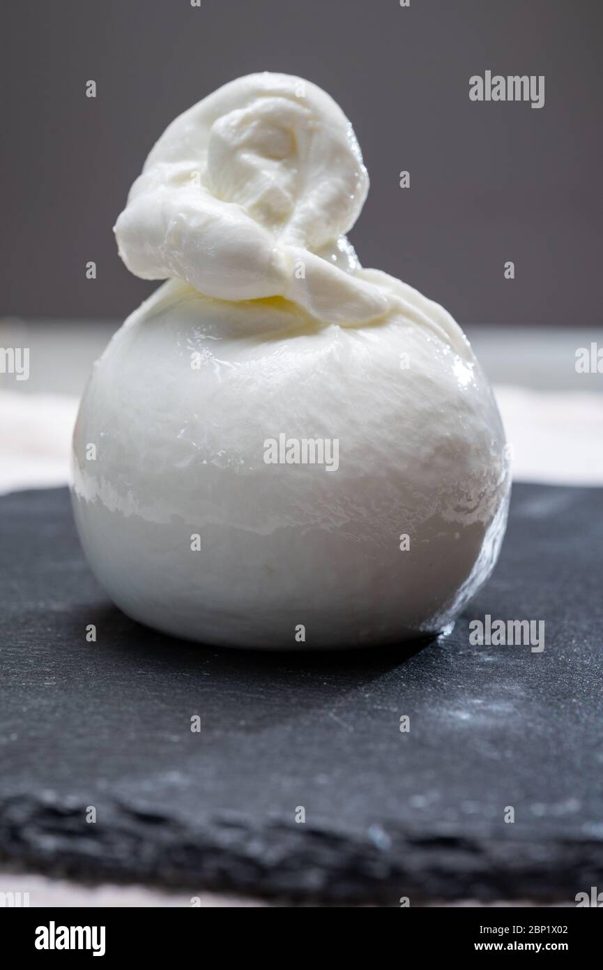 Cheese collection, fresh soft white burrata cheese ball made from ...