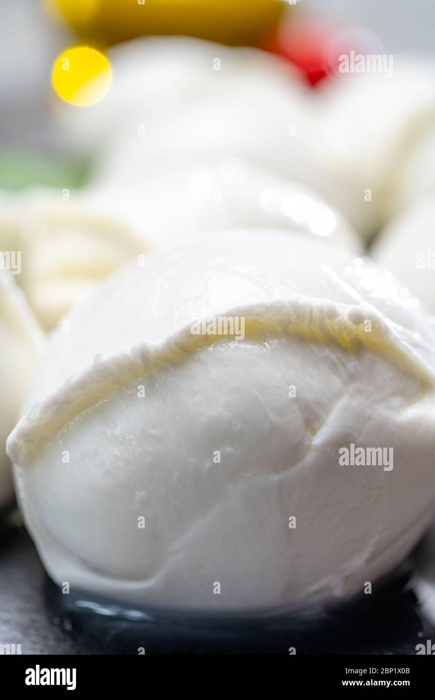 Tasty italian food, fresh white buffalo mozzarella soft cheese balls ...