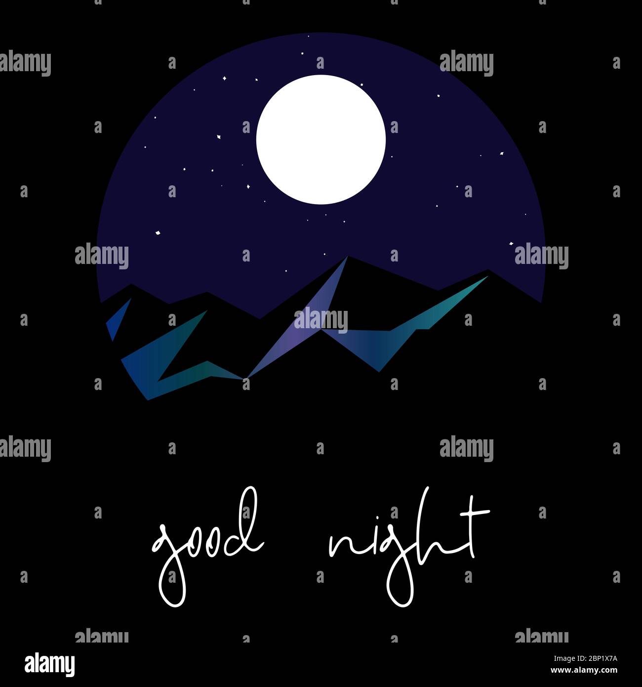cute good night postcard with snowy mountains, starry sky and ...