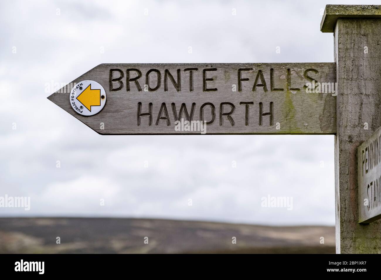 Signpost on The Bronte way and Pennine Way near Haworth. Pointing to ...