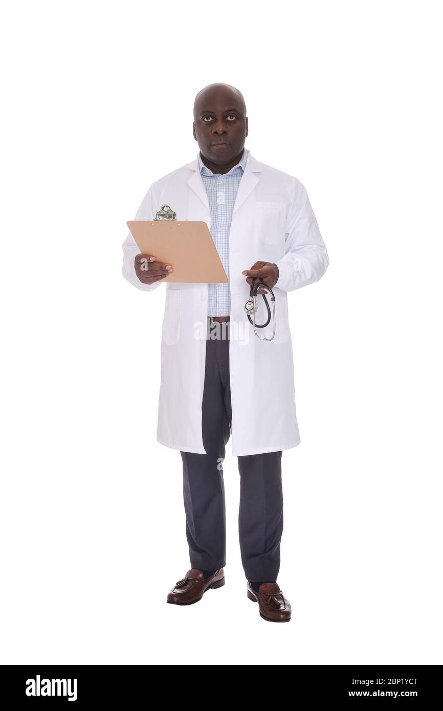 African American doctor with stethoscope and clipboard looking at ...