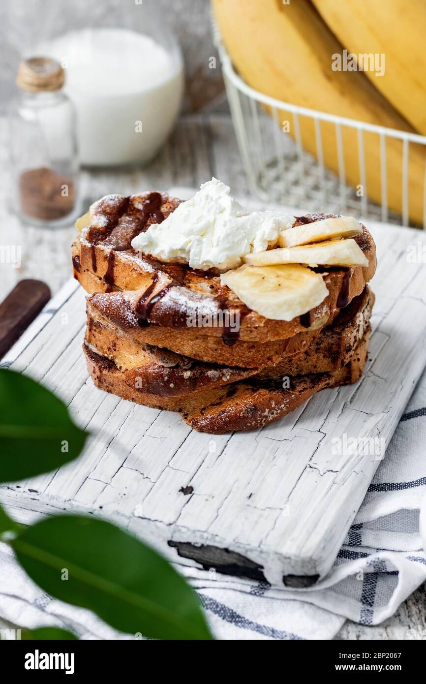 French toasts with banana and curd cheese. Simple and comfortable food ...